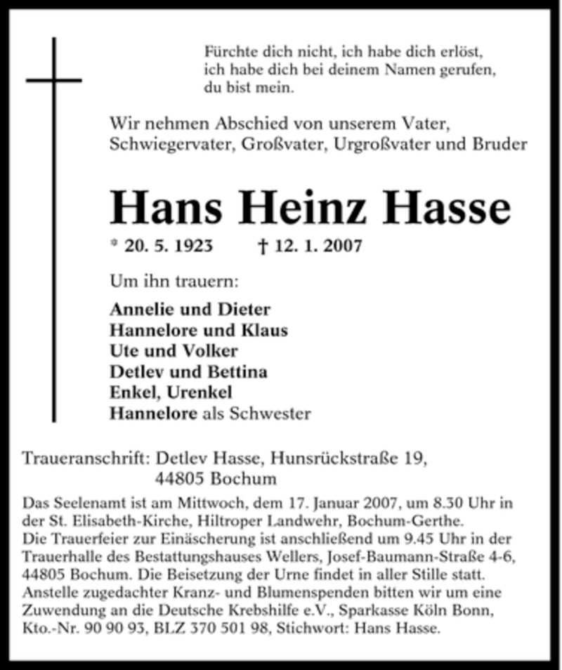 Traueranzeigen von Hans Heinz Hasse | Trauer-in-NRW.de