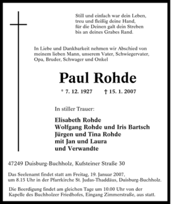 Traueranzeigen von Paul Rohde | Trauer-in-NRW.de