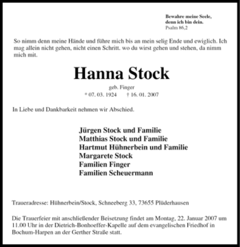 Traueranzeigen von Hanna Stock | Trauer-in-NRW.de