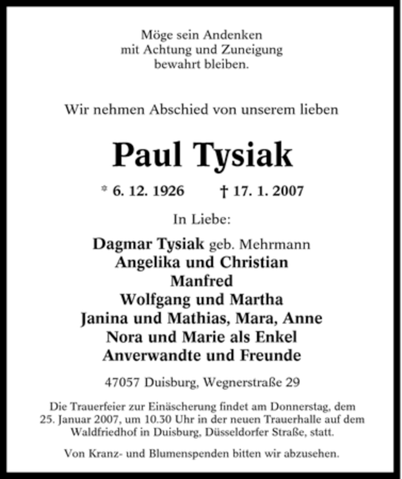 Traueranzeigen von Paul Tysiak | Trauer-in-NRW.de