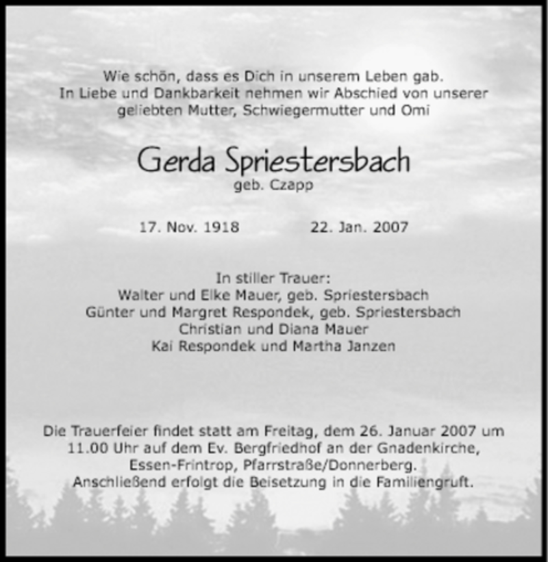 Traueranzeigen von Gerda Spriestersbach | Trauer-in-NRW.de