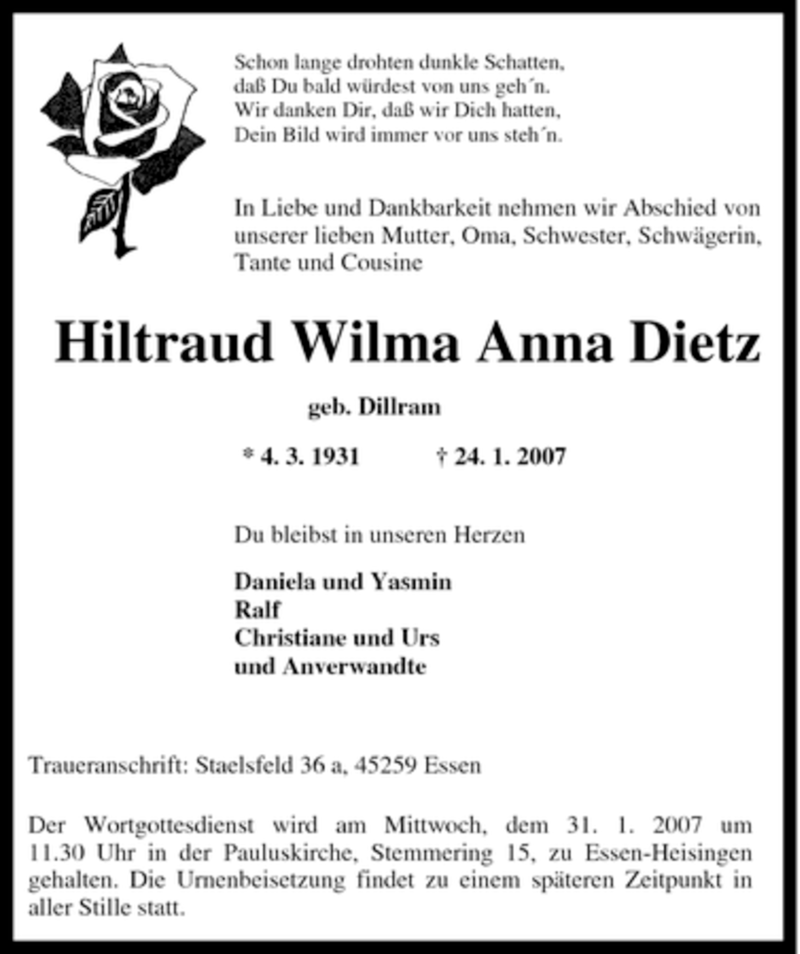 Traueranzeigen von Hiltraud Wilma Anna Dietz | Trauer-in-NRW.de