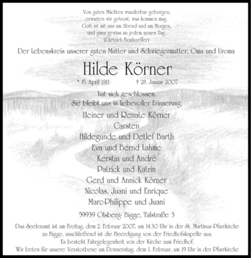 Traueranzeigen von Hilde Körner | Trauer-in-NRW.de