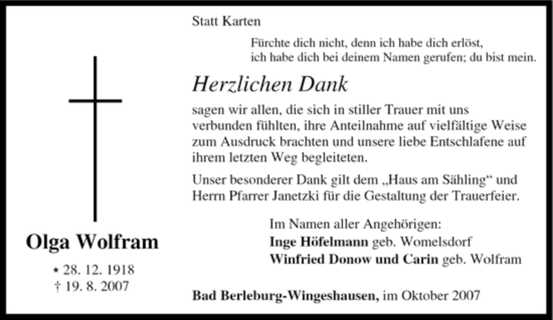 Traueranzeigen von Olga Wolfram | Trauer-in-NRW.de