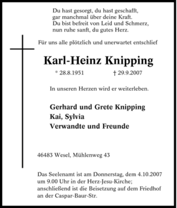Traueranzeigen von Karl-Heinz Knipping | Trauer-in-NRW.de