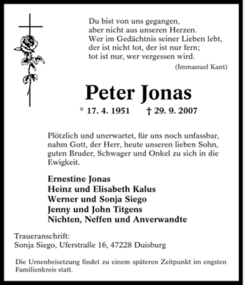 Traueranzeigen von Peter Jonas | Trauer-in-NRW.de
