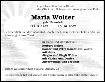 Traueranzeigen von Maria Wolter | Trauer-in-NRW.de