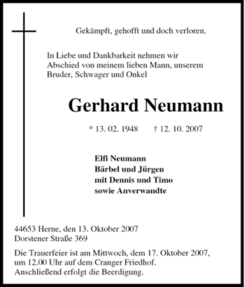 Traueranzeigen von Gerhard Neumann | Trauer-in-NRW.de
