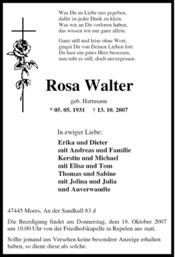 Traueranzeigen von Rosa Walter | Trauer-in-NRW.de
