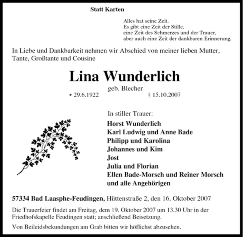 Traueranzeigen von Lina Wunderlich | Trauer-in-NRW.de