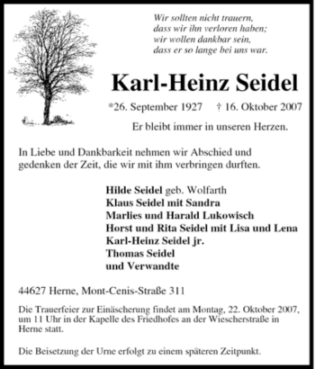Traueranzeigen von Karl-Heinz Seidel | Trauer-in-NRW.de