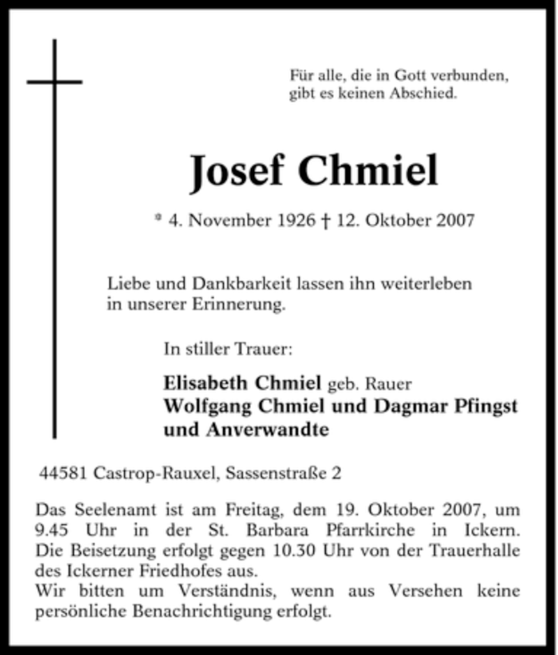 Traueranzeigen von Josef Chmiel | Trauer-in-NRW.de
