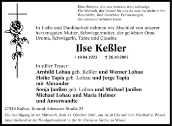 Traueranzeigen von Ilse Keßler | Trauer-in-NRW.de