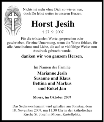 Traueranzeigen von Horst Jesih | Trauer-in-NRW.de