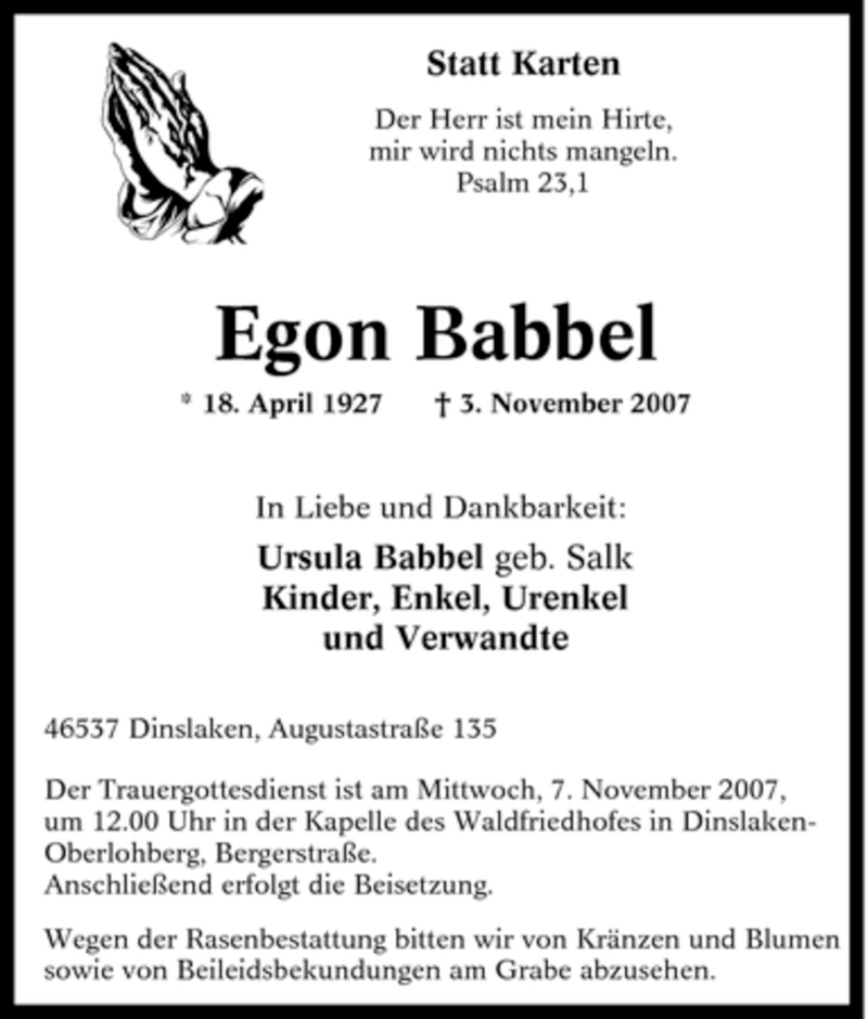 Traueranzeigen von Egon Babbel | Trauer-in-NRW.de