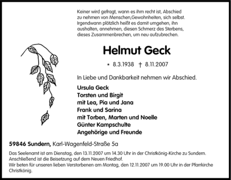 Traueranzeigen von Helmut Geck | Trauer-in-NRW.de