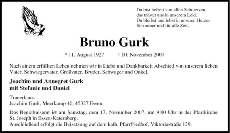Traueranzeigen von Bruno Gurk | Trauer-in-NRW.de Traueranzeigen von Bruno Gurk | Trauer-in-NRW.de