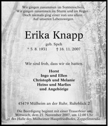 Traueranzeigen von Erika Knapp | Trauer-in-NRW.de