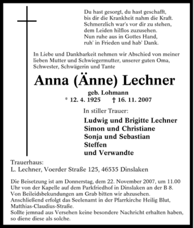 Traueranzeigen von Anna Lechner | Trauer-in-NRW.de