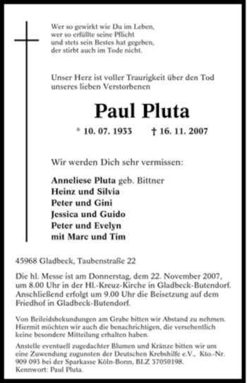 Traueranzeigen von Paul Pluta | Trauer-in-NRW.de