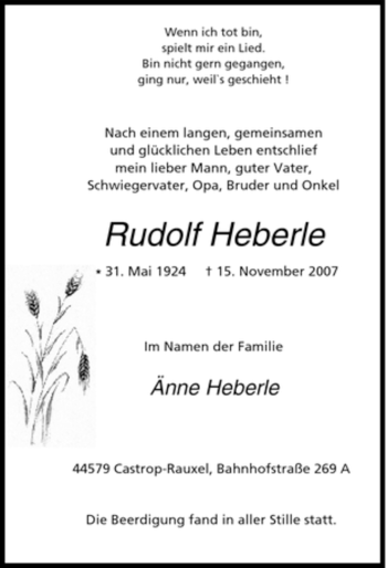 Traueranzeigen von Rudolf Heberle | Trauer-in-NRW.de