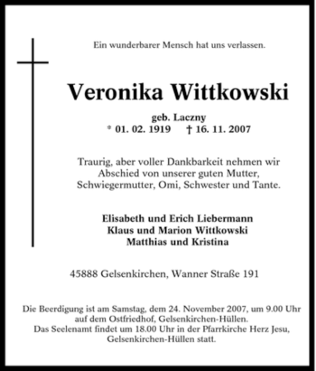 Traueranzeigen von Veronika Wittkowski | Trauer-in-NRW.de