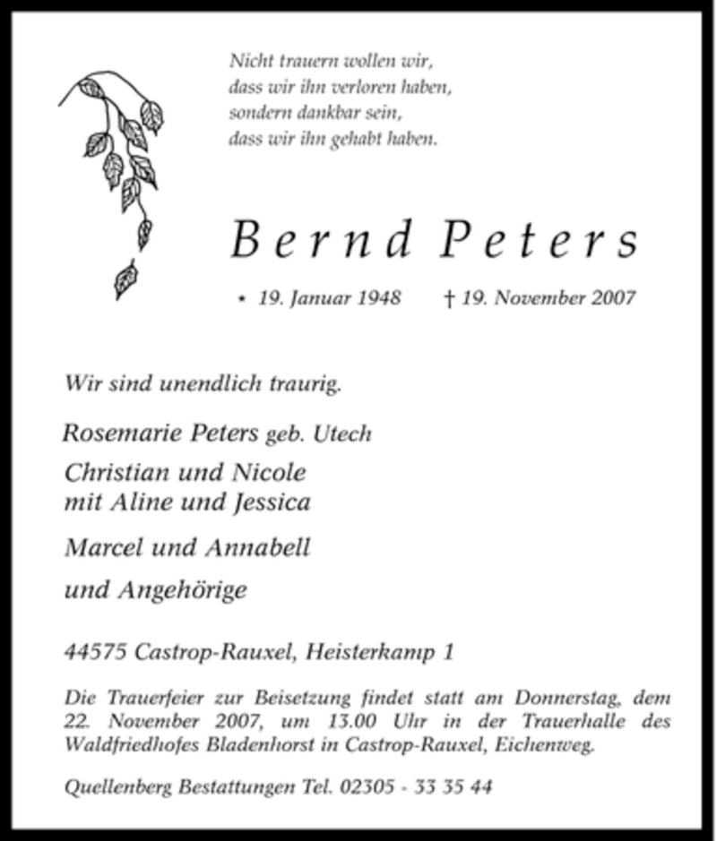 Traueranzeigen von Bernd Peters | Trauer-in-NRW.de