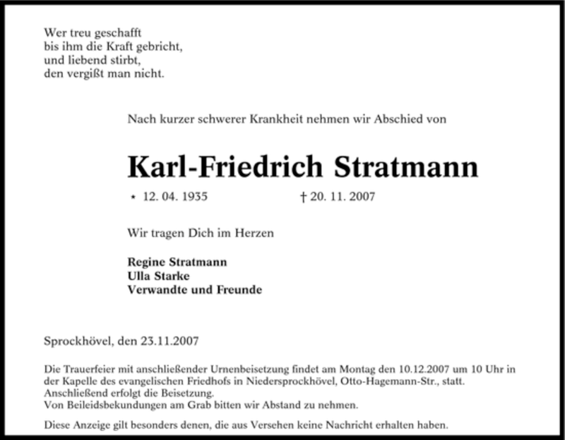 Traueranzeigen von Karl-Friedrich Stratmann | Trauer-in-NRW.de