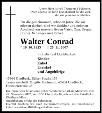Traueranzeigen von Walter Conrad | Trauer-in-NRW.de