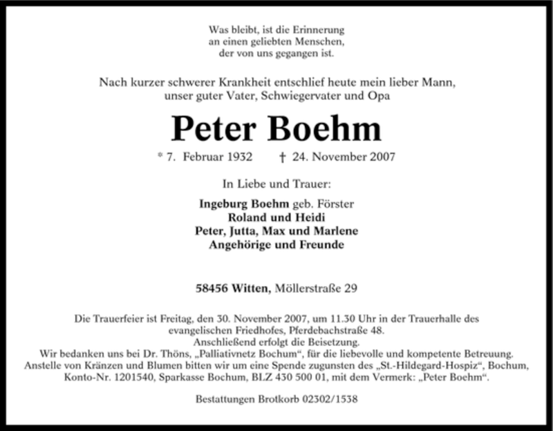 Traueranzeigen von Peter Boehm | Trauer-in-NRW.de
