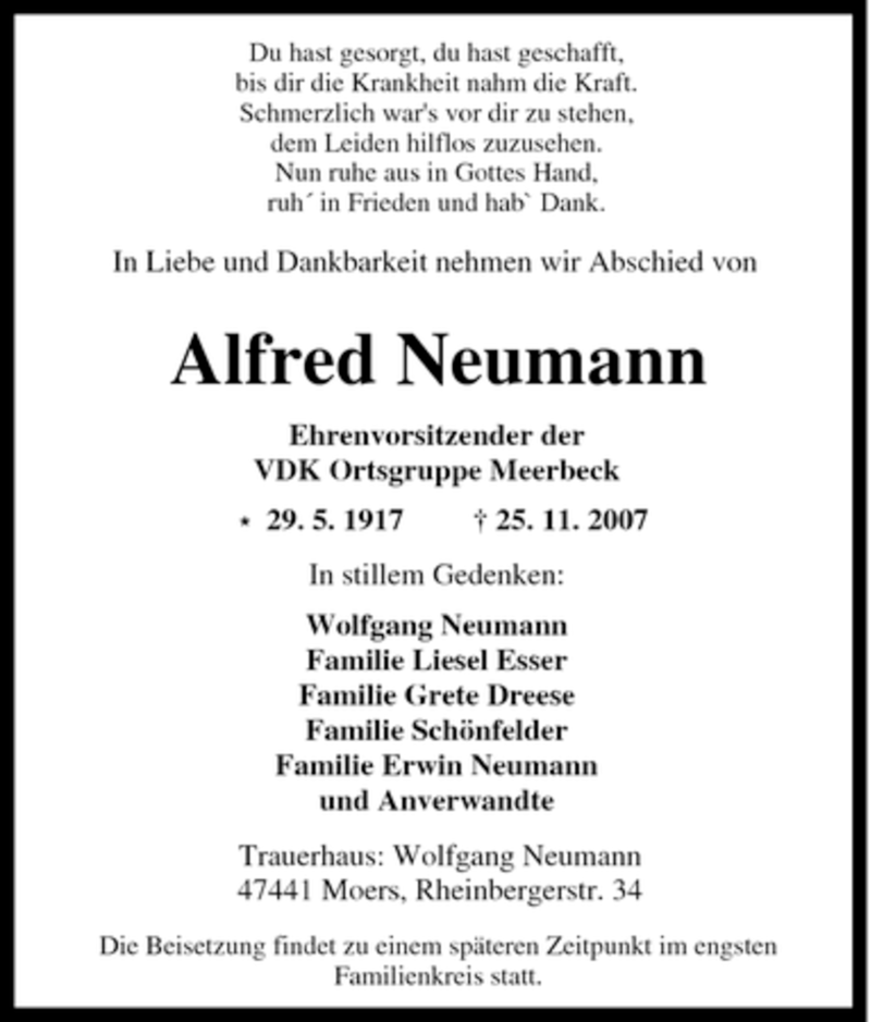 Traueranzeigen von Alfred Neumann | Trauer-in-NRW.de