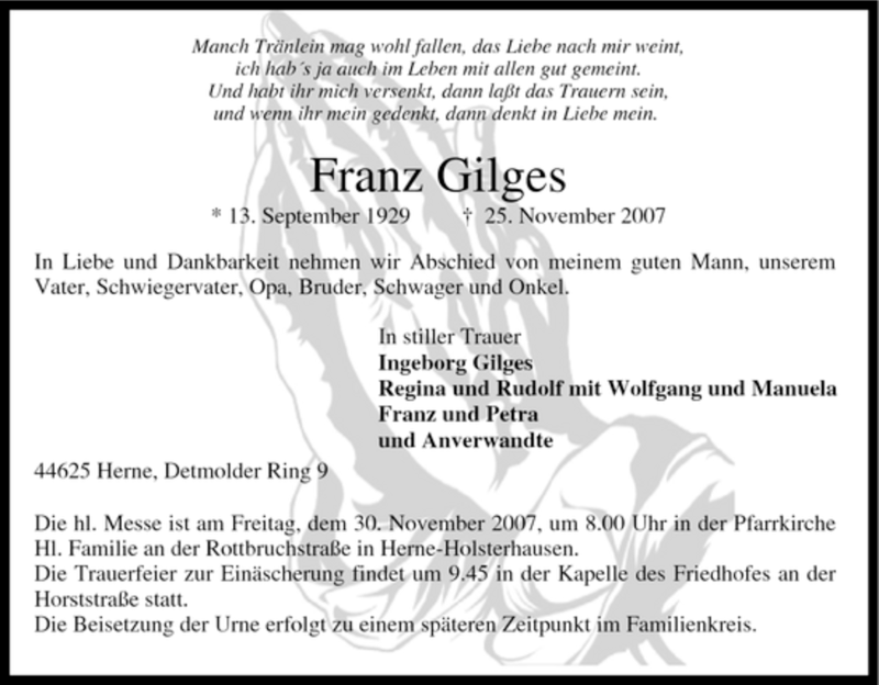 Traueranzeigen von Franz Gilges | Trauer-in-NRW.de