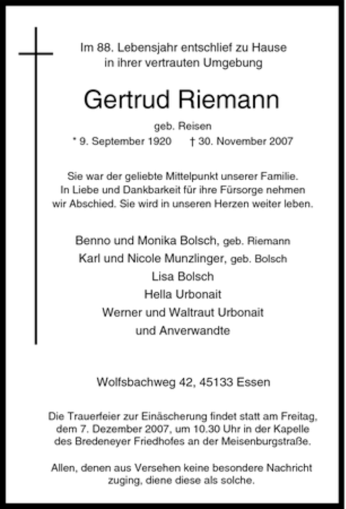 Traueranzeigen von Gertrud Riemann | Trauer-in-NRW.de
