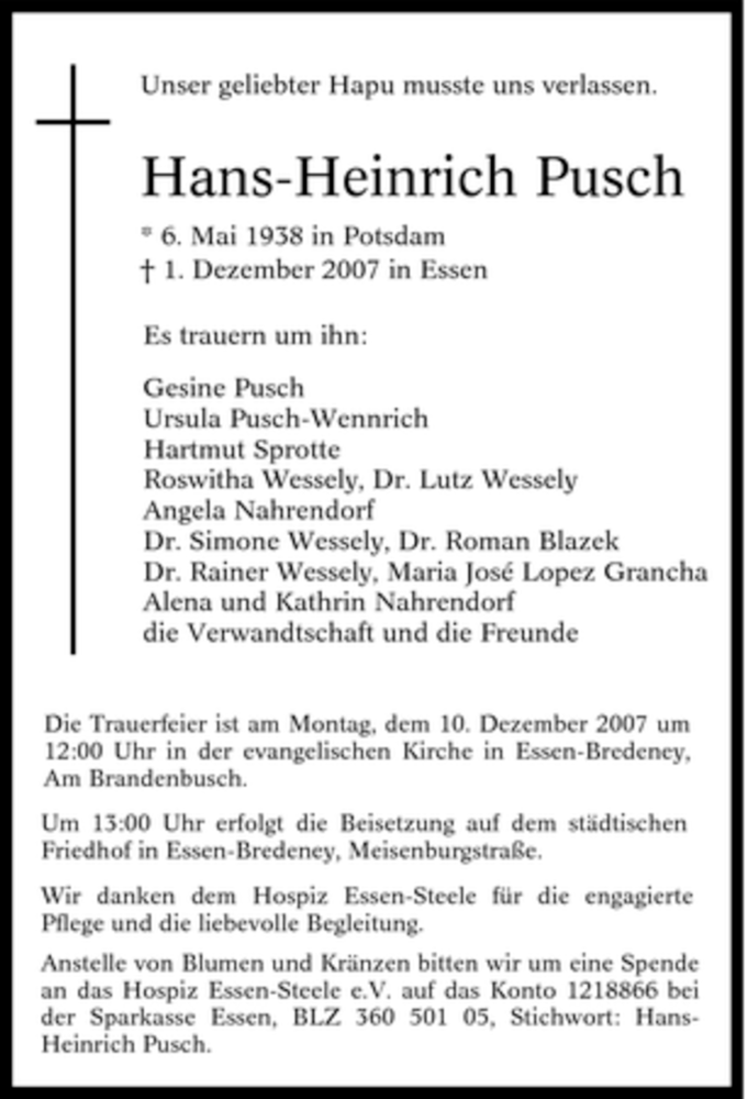 Traueranzeigen von Hans-Heinrich Pusch | Trauer-in-NRW.de