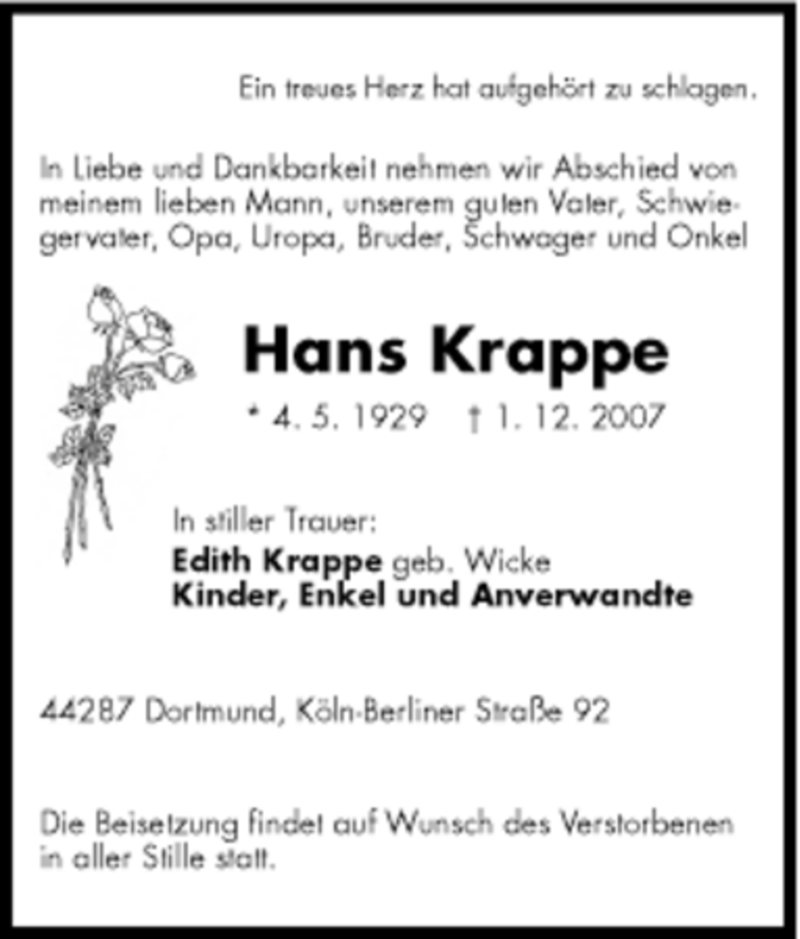 Traueranzeigen von Hans Krappe | Trauer-in-NRW.de