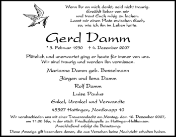 Traueranzeigen von Gerd Damm | Trauer-in-NRW.de