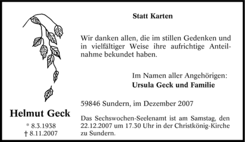 Traueranzeigen von Helmut Geck | Trauer-in-NRW.de