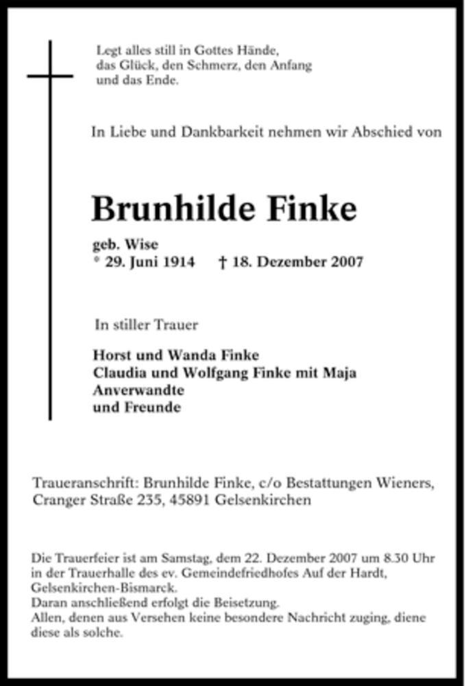 Traueranzeigen von Brunhilde Finke | Trauer-in-NRW.de