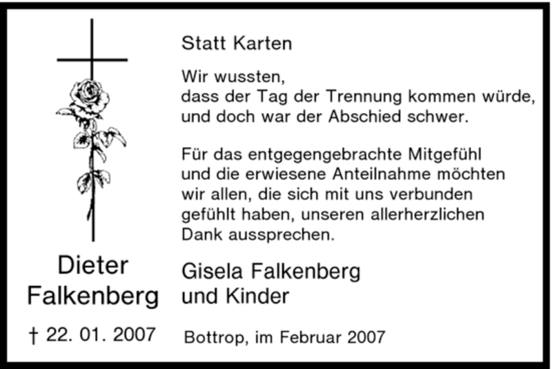 Traueranzeigen von Dieter Falkenberg | Trauer-in-NRW.de