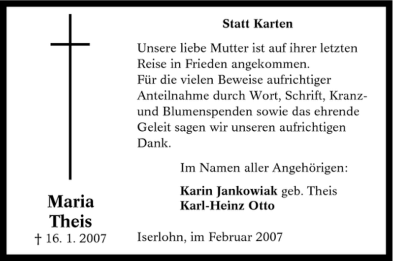 Traueranzeigen von Maria Theis | Trauer-in-NRW.de