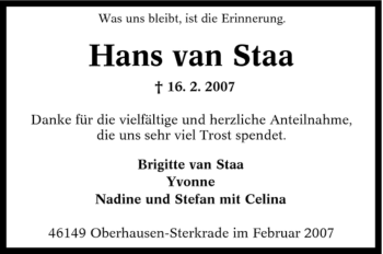 Traueranzeigen von Hans van Staa | Trauer-in-NRW.de