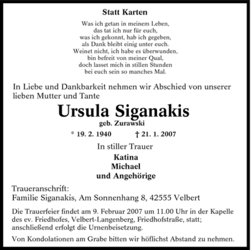 Traueranzeigen von Ursula Siganakis | Trauer-in-NRW.de