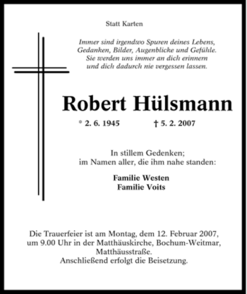 Traueranzeigen von Robert Hülsmann | Trauer-in-NRW.de
