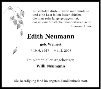 Traueranzeigen von Edith Neumann | Trauer-in-NRW.de