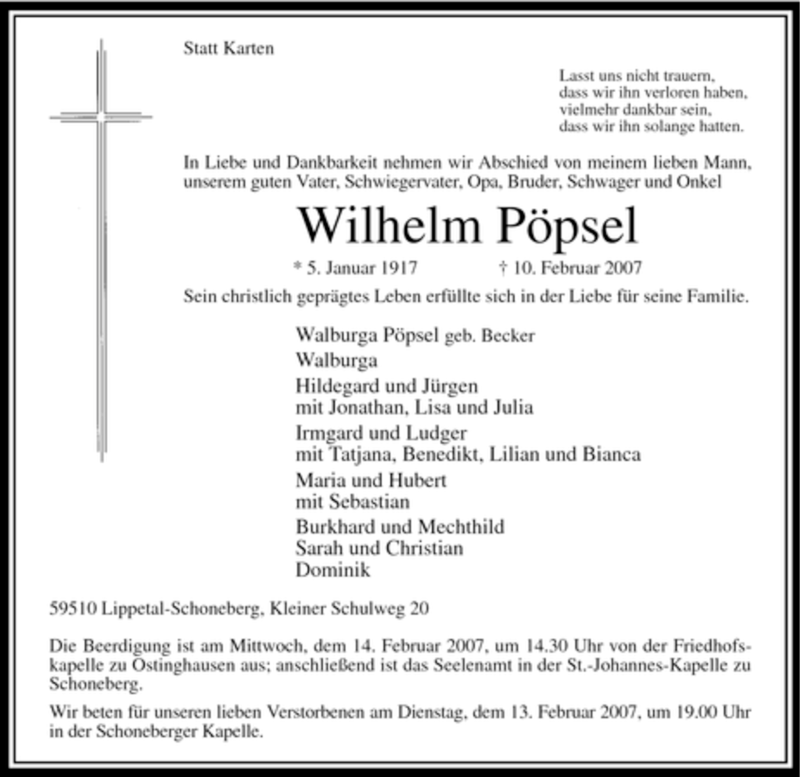 Traueranzeigen von Wilhelm Pöpsel | Trauer-in-NRW.de