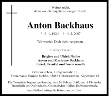 Traueranzeigen von Anton Backhaus | Trauer-in-NRW.de