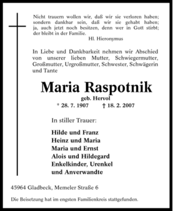 Traueranzeigen von Maria Raspotnik | Trauer-in-NRW.de