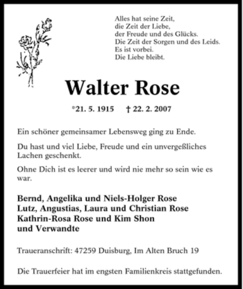 Traueranzeigen von Walter Rose | Trauer-in-NRW.de
