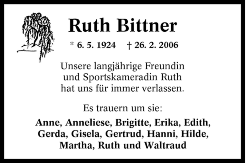 Traueranzeigen von Ruth Bittner | Trauer-in-NRW.de