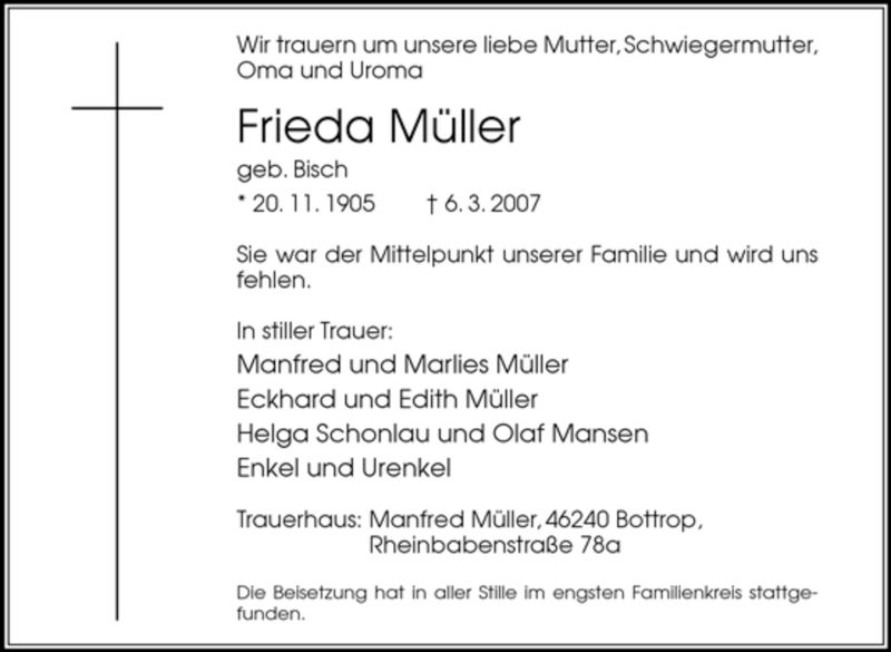 Traueranzeigen von Frieda Müller | Trauer-in-NRW.de